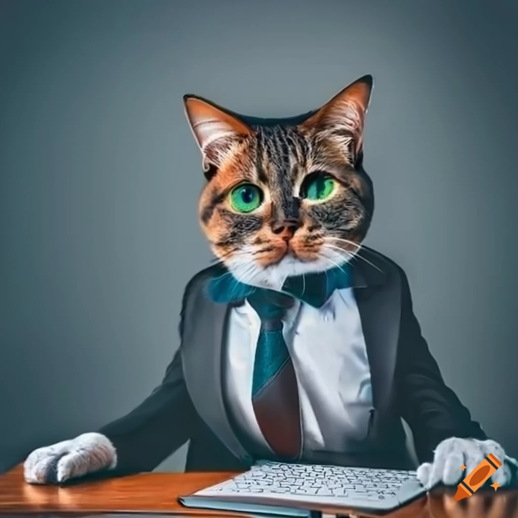 Funny Maincoon cat in a boss suit at desk on Craiyon