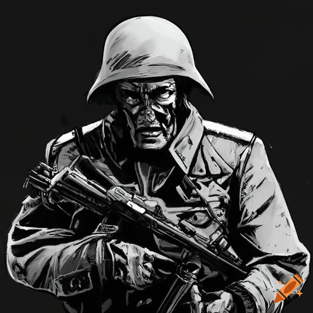 Black and white comic art of a finnish soldier in wwii