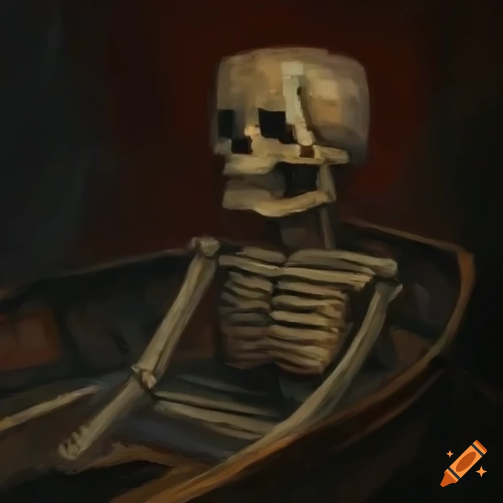 Oil painting of a minecraft skeleton in a boat on Craiyon