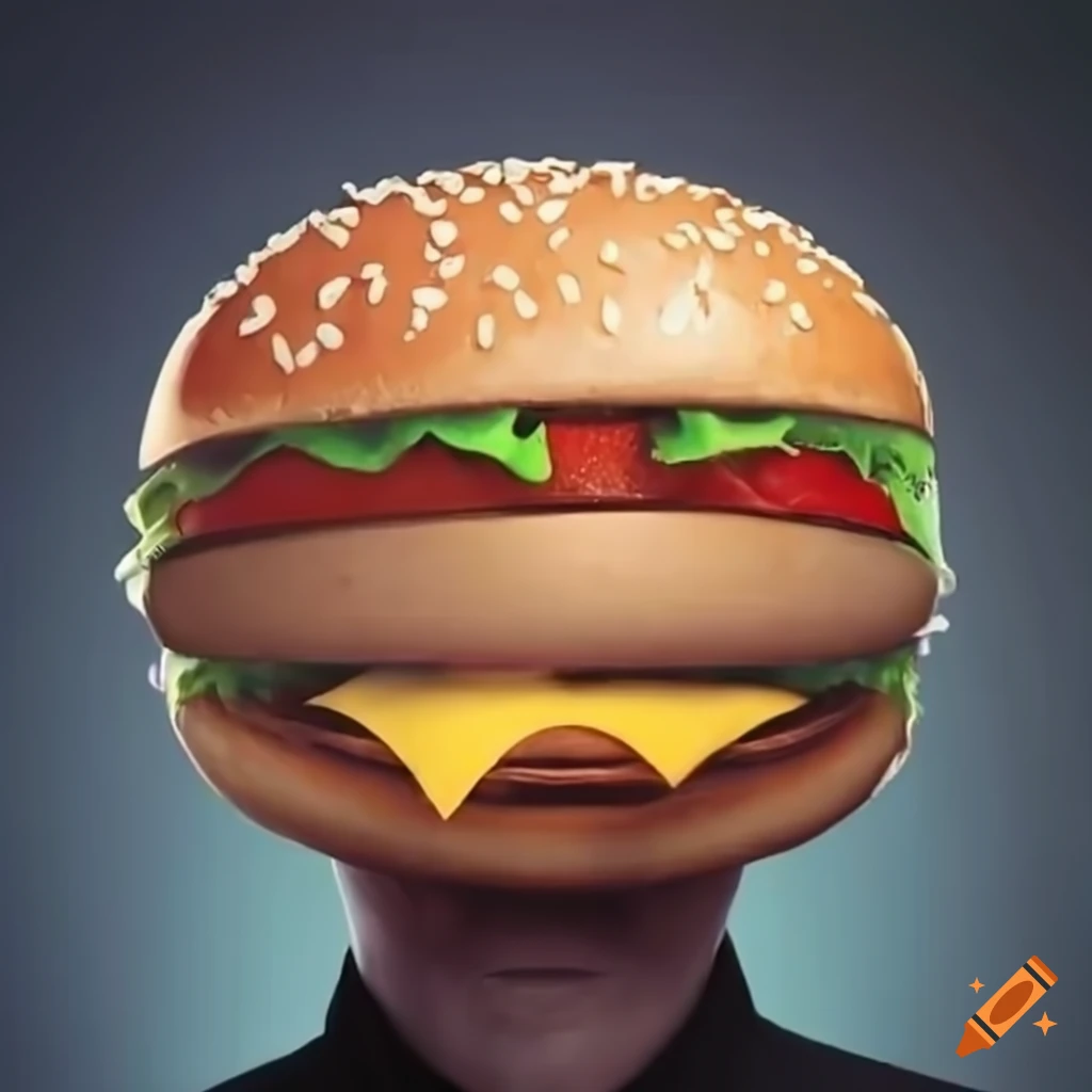 Creative advertisement of a man with a burger head on Craiyon