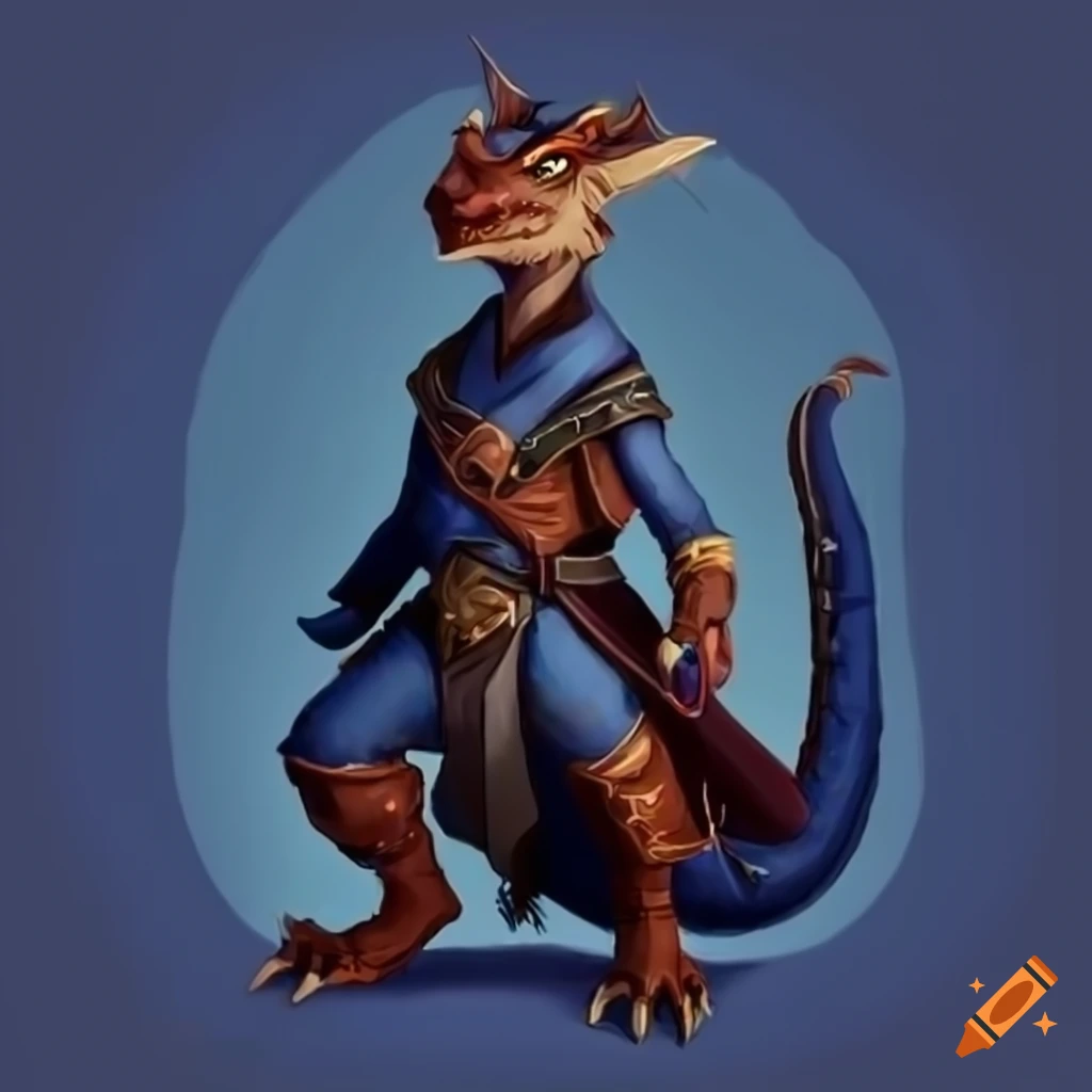 Illustration of a blue-uniformed kobold bard on Craiyon