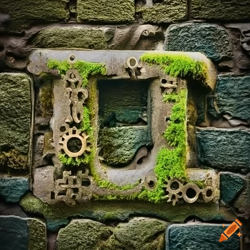 Moss-covered steampunk stone letters on a wet wall