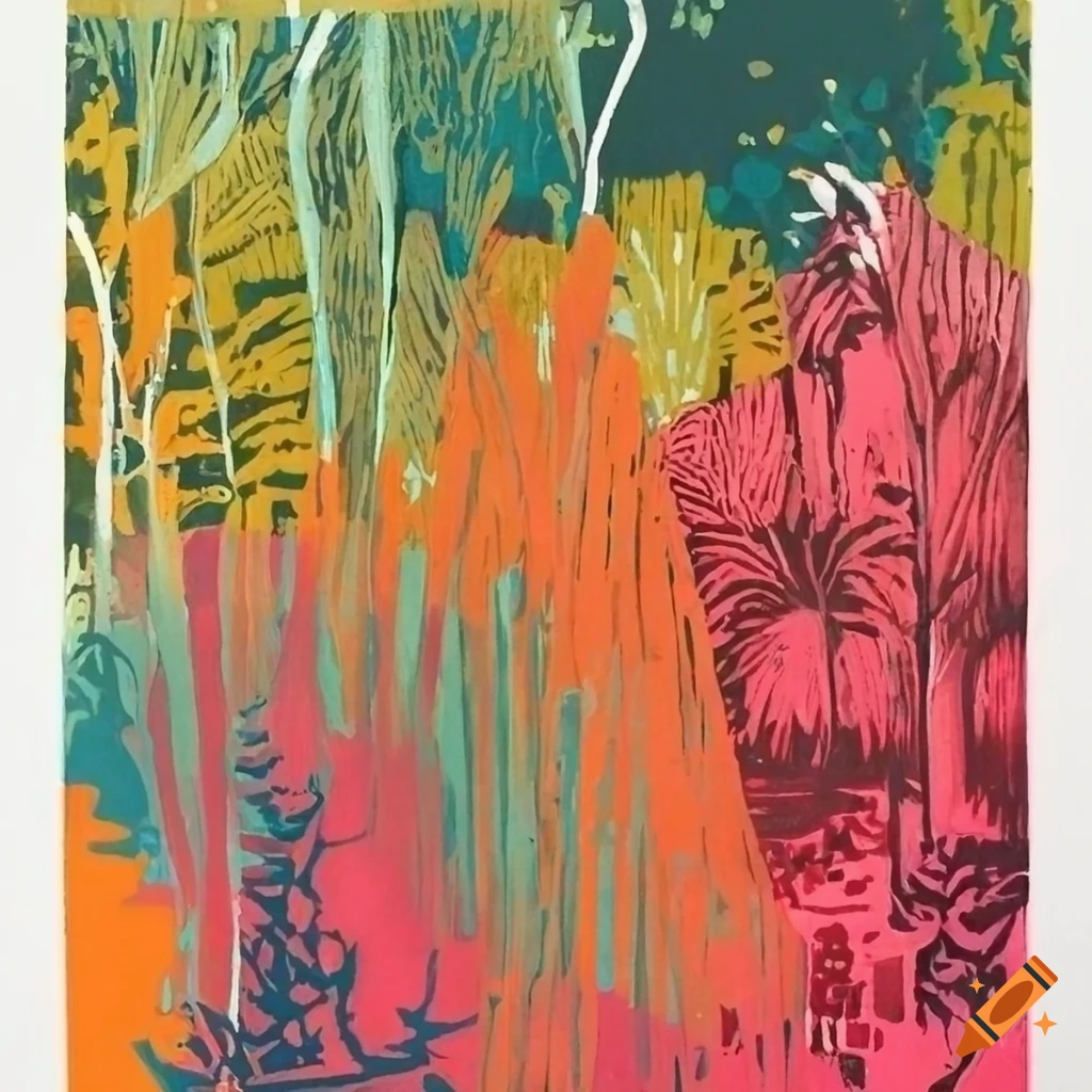 Lino print of a colorful rainforest composition