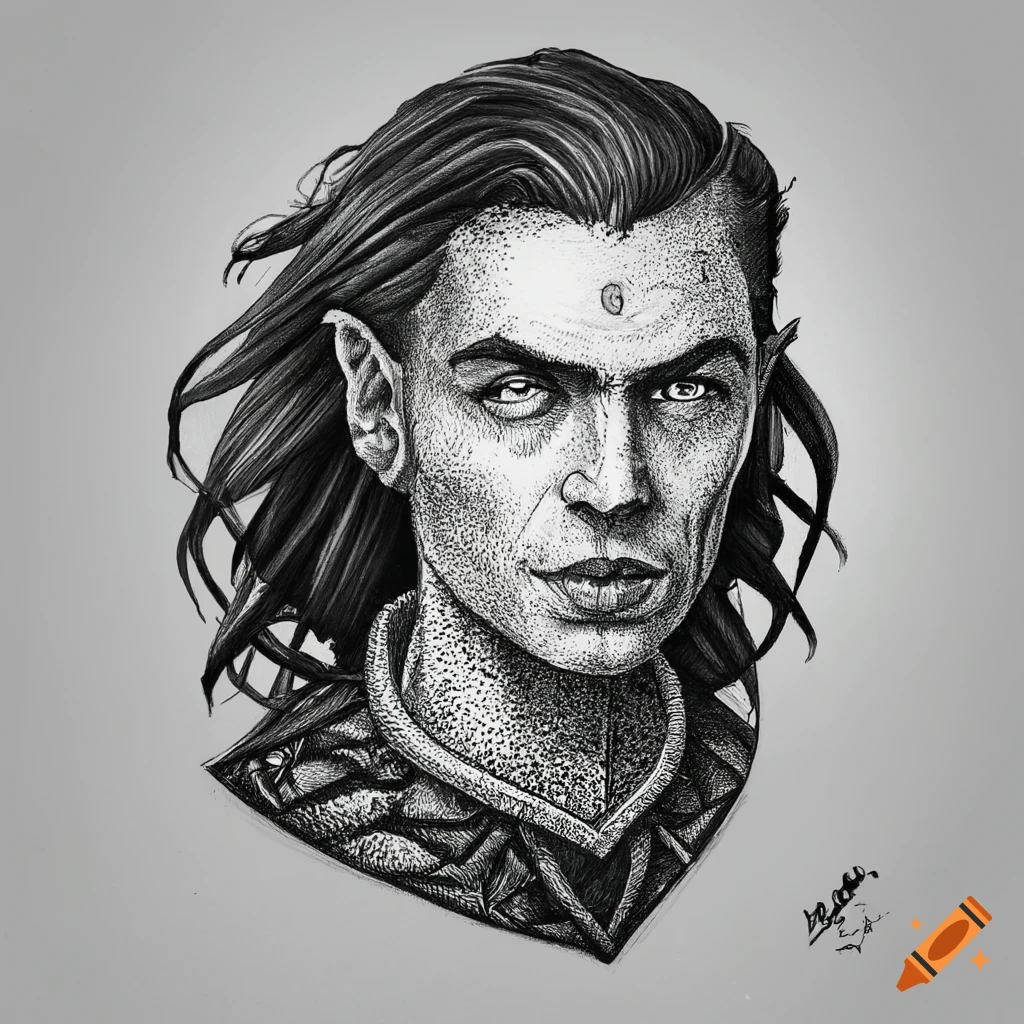 Portrait illustration of a sorcerer in black ink on Craiyon