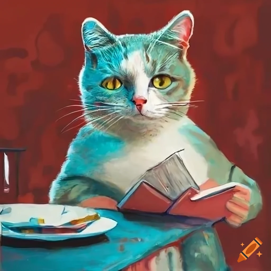 Cat reading a magazine at a cafe on Craiyon