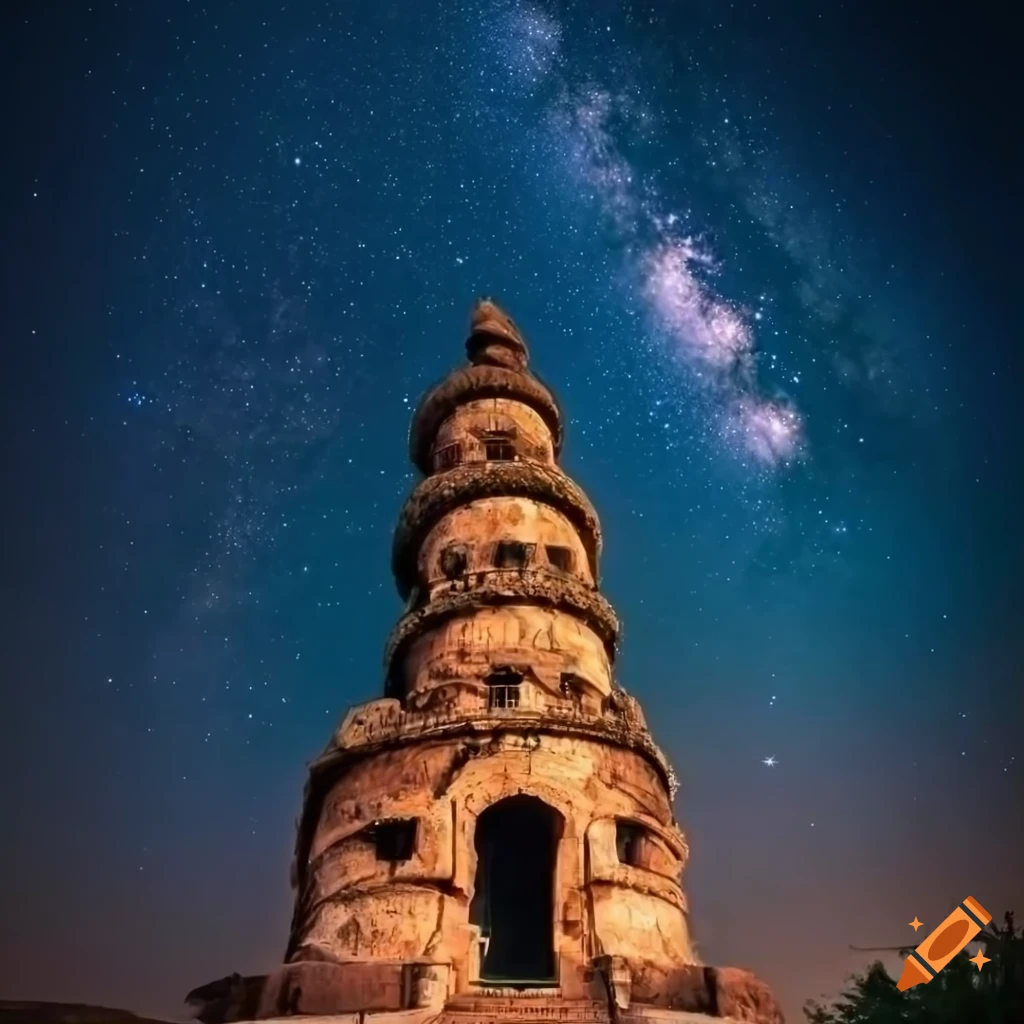 Fantasy stone building with helical staircase under the milky way