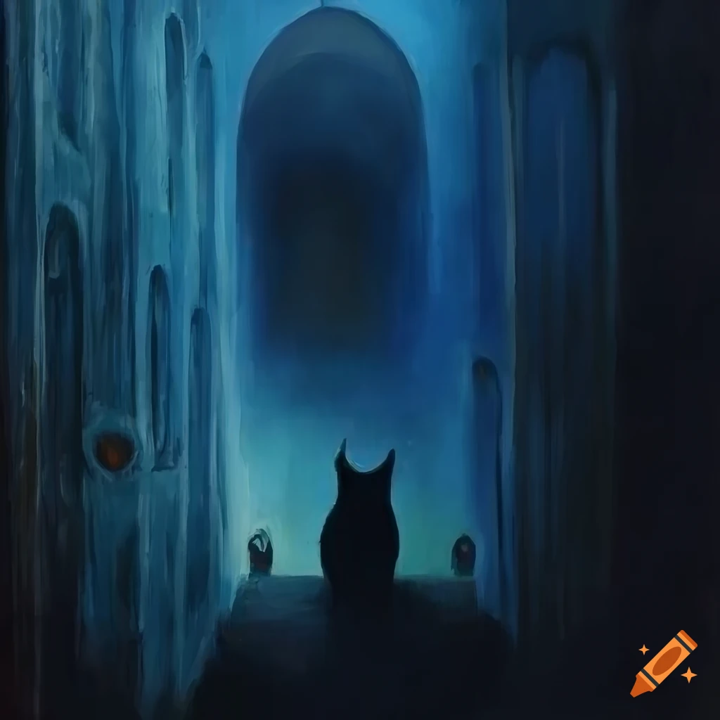 Painting of black cats in a dark abandoned house