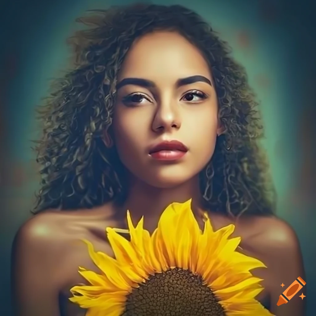 Digital portrait of a young latina with a sunflower on Craiyon