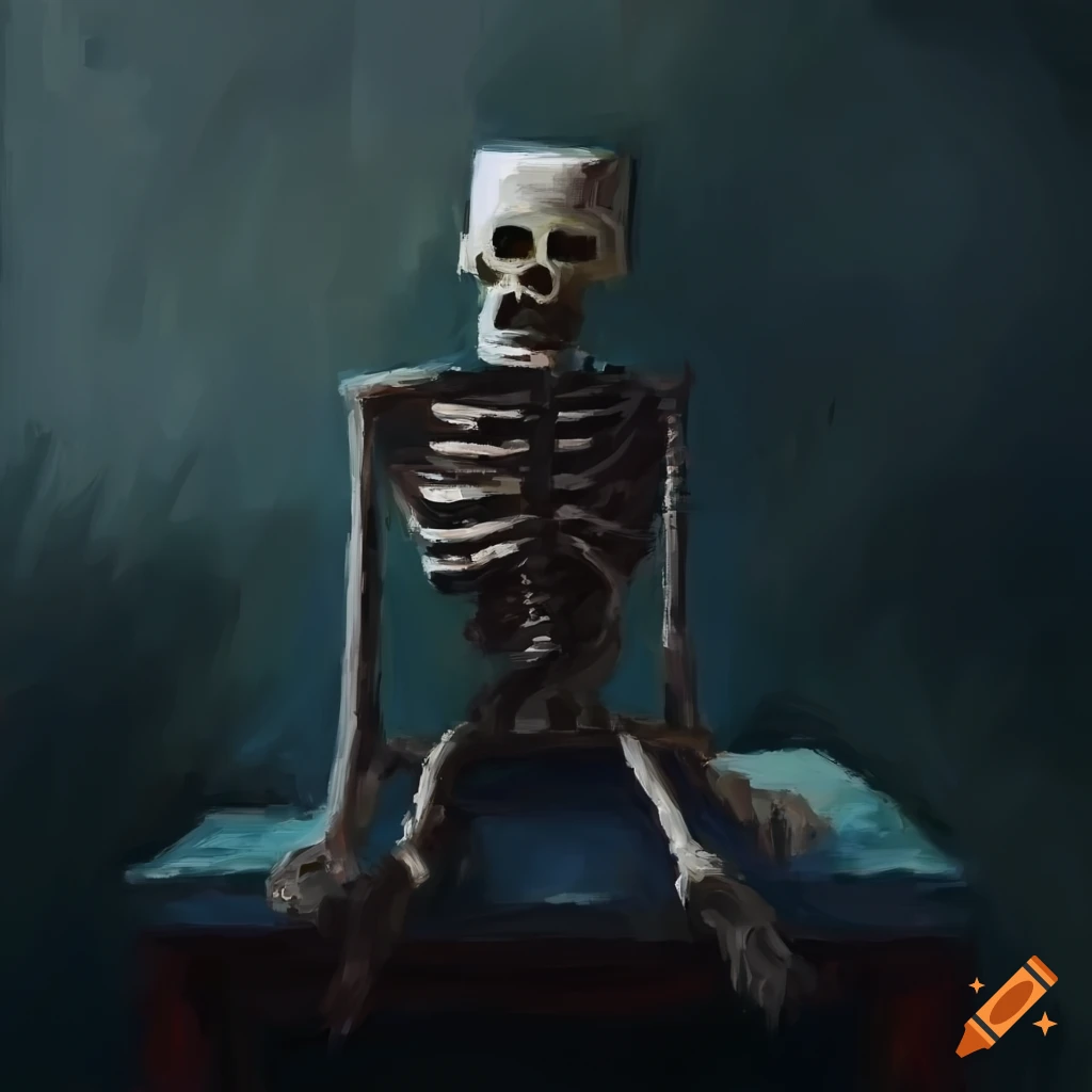 Contemplative human skeleton lounging on a curb on Craiyon