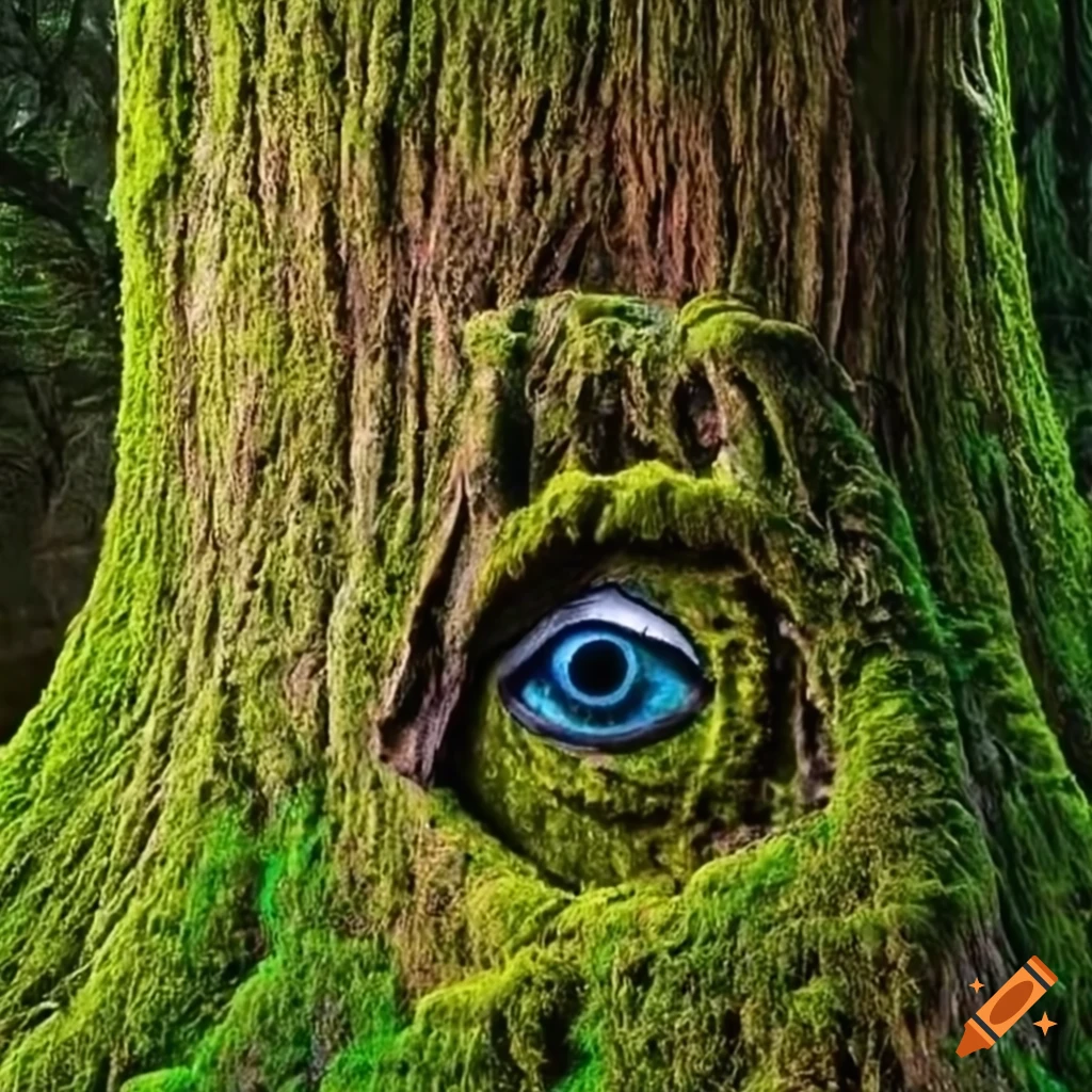 Mysterious moss-covered tree with an eye symbol