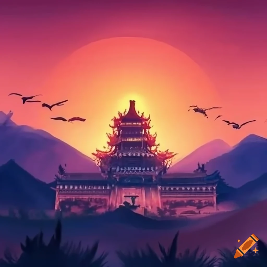 Sunset over ancient chinese city-gate tower in the mountains