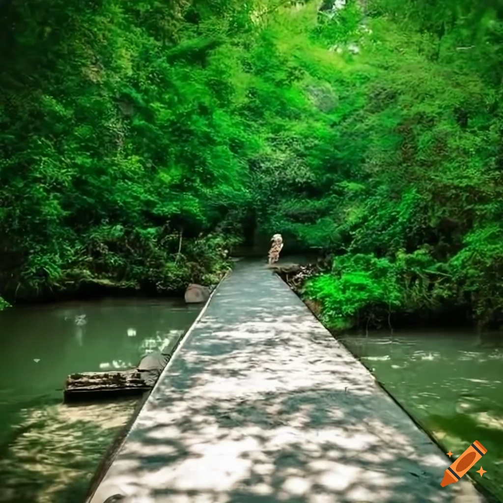 Collage-style image of a river in a green urban space on Craiyon