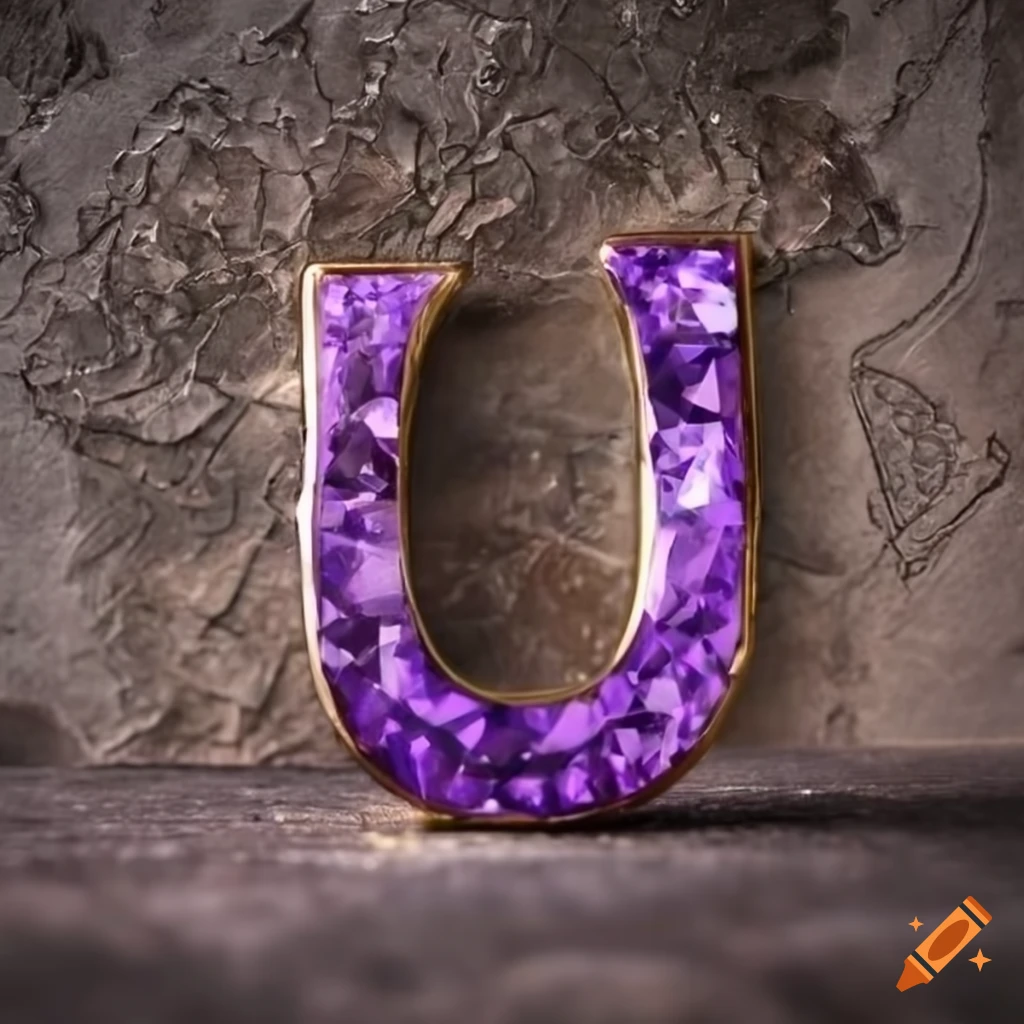Enamelled gold and amethyst letters on stone backdrop on Craiyon