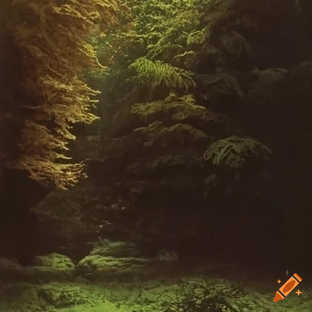 Vintage film illustration of a forest garden on Craiyon