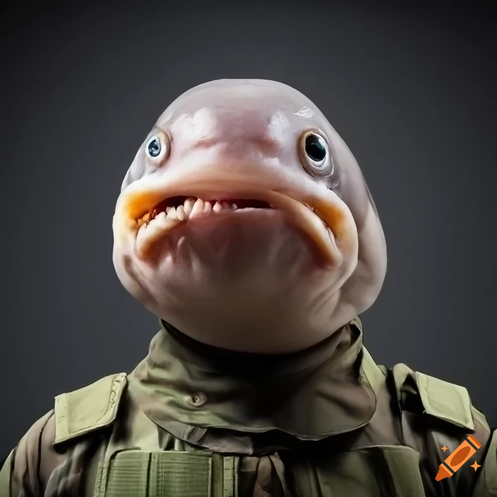 Portrait of a blobfish in military uniform on Craiyon