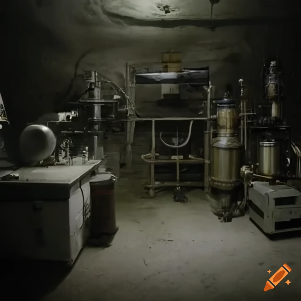 Photo of an underground chemical laboratory with distilling setup on ...