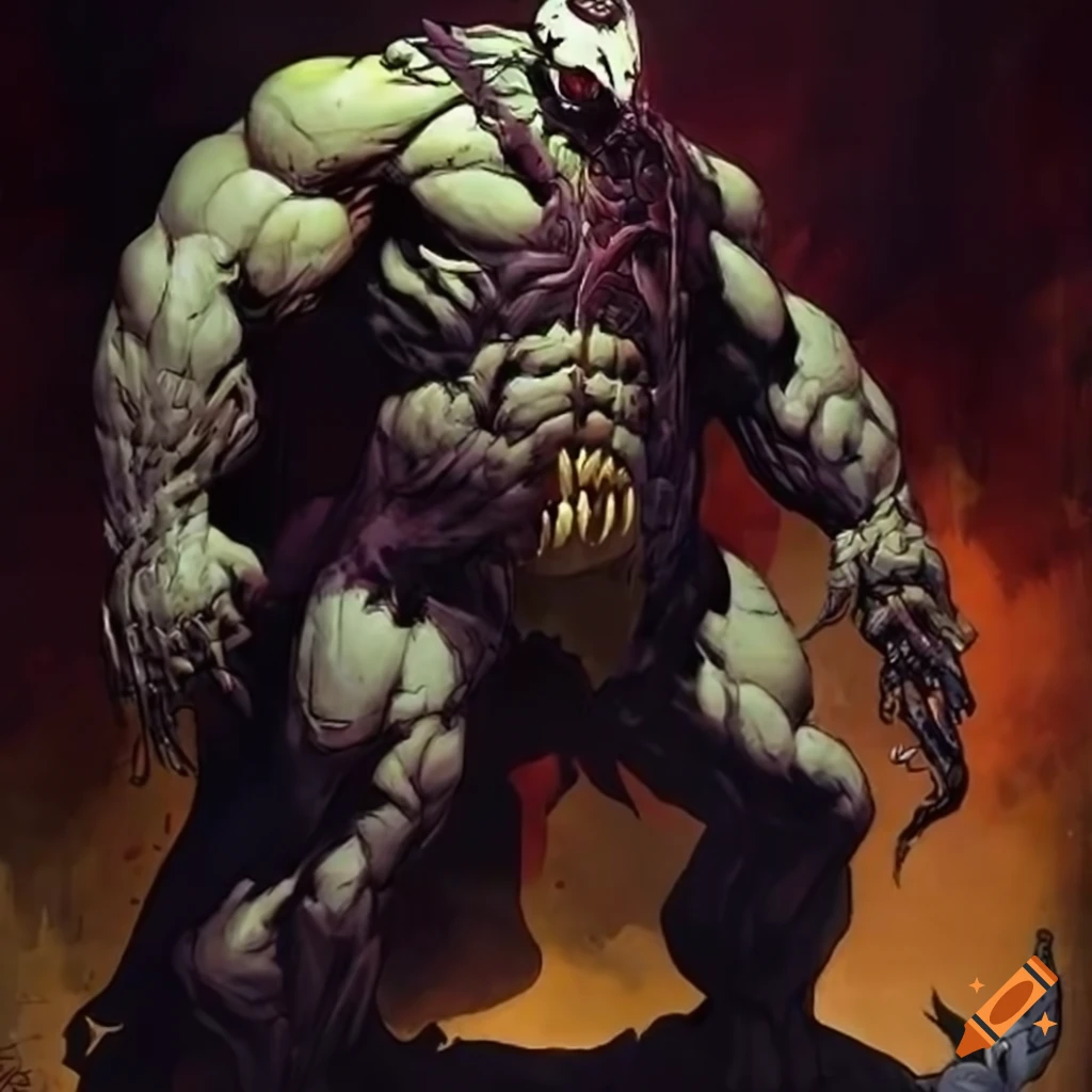 Muscular eldritch insect towering over toxic destroyed city in 80s-90s ...