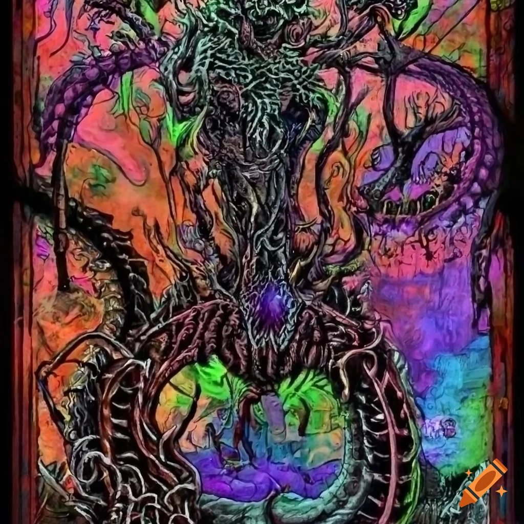 Epic lovecraftian mural with psychedelic elements on Craiyon