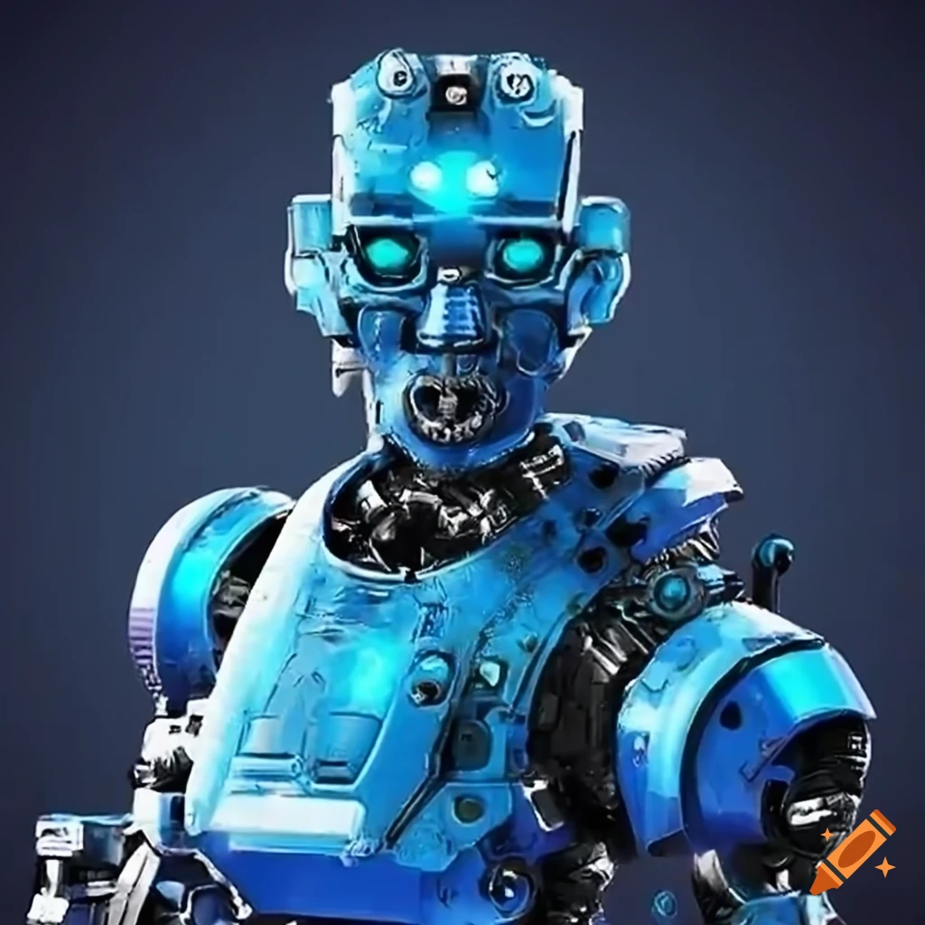 Powerful blue robot with machine guns and rocket launchers