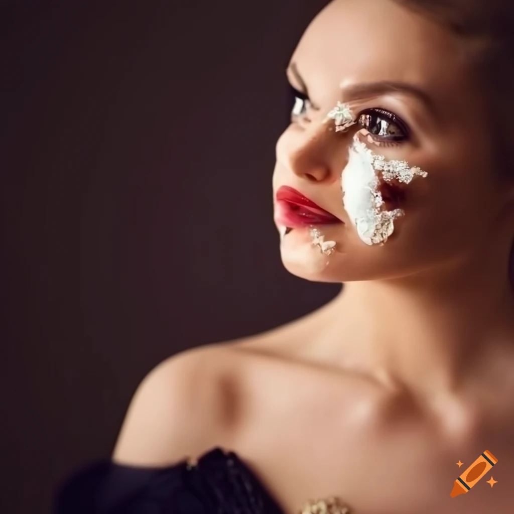 Woman in formal dress with cake crumbs on her face on Craiyon
