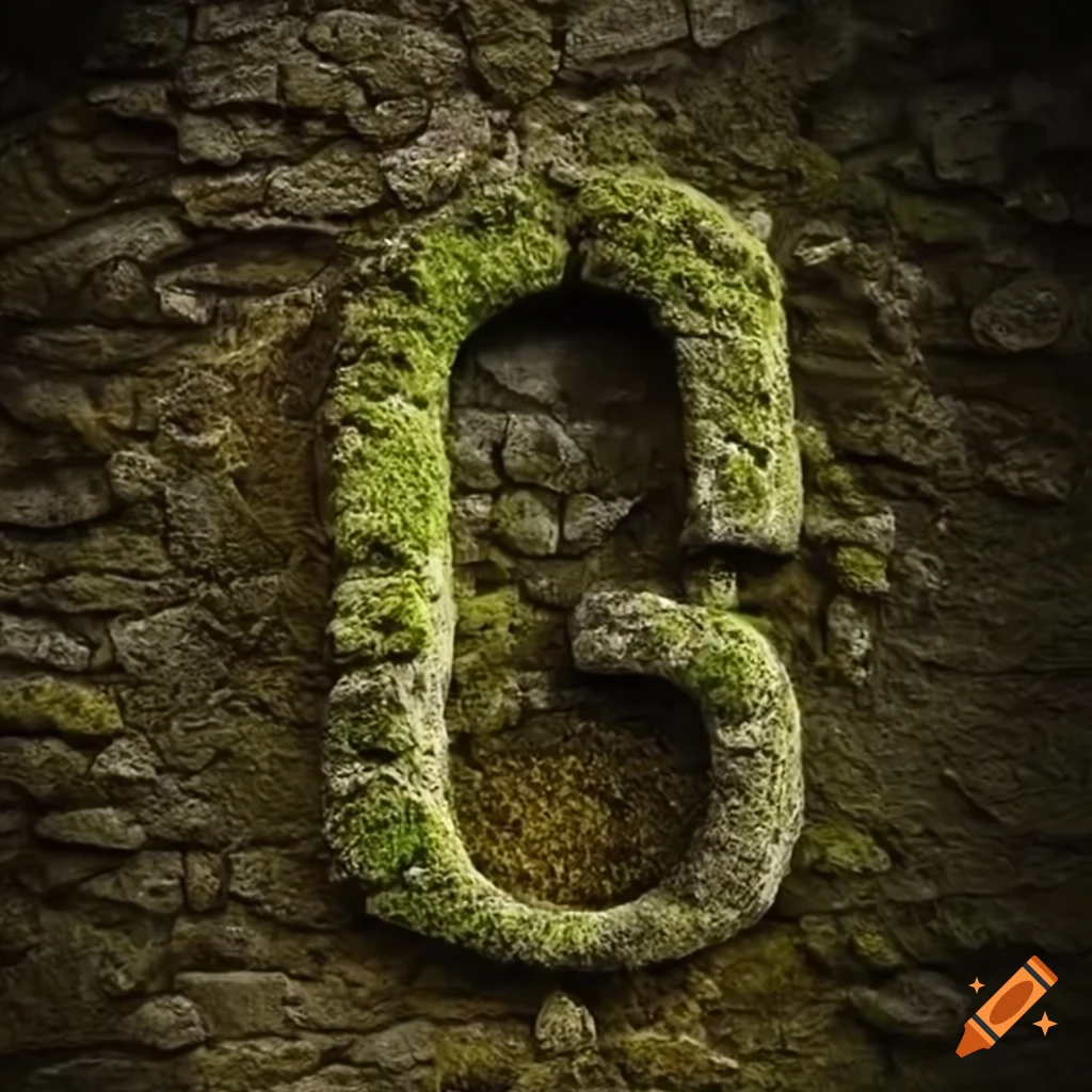 Moss-covered stone letters with ancient text on Craiyon