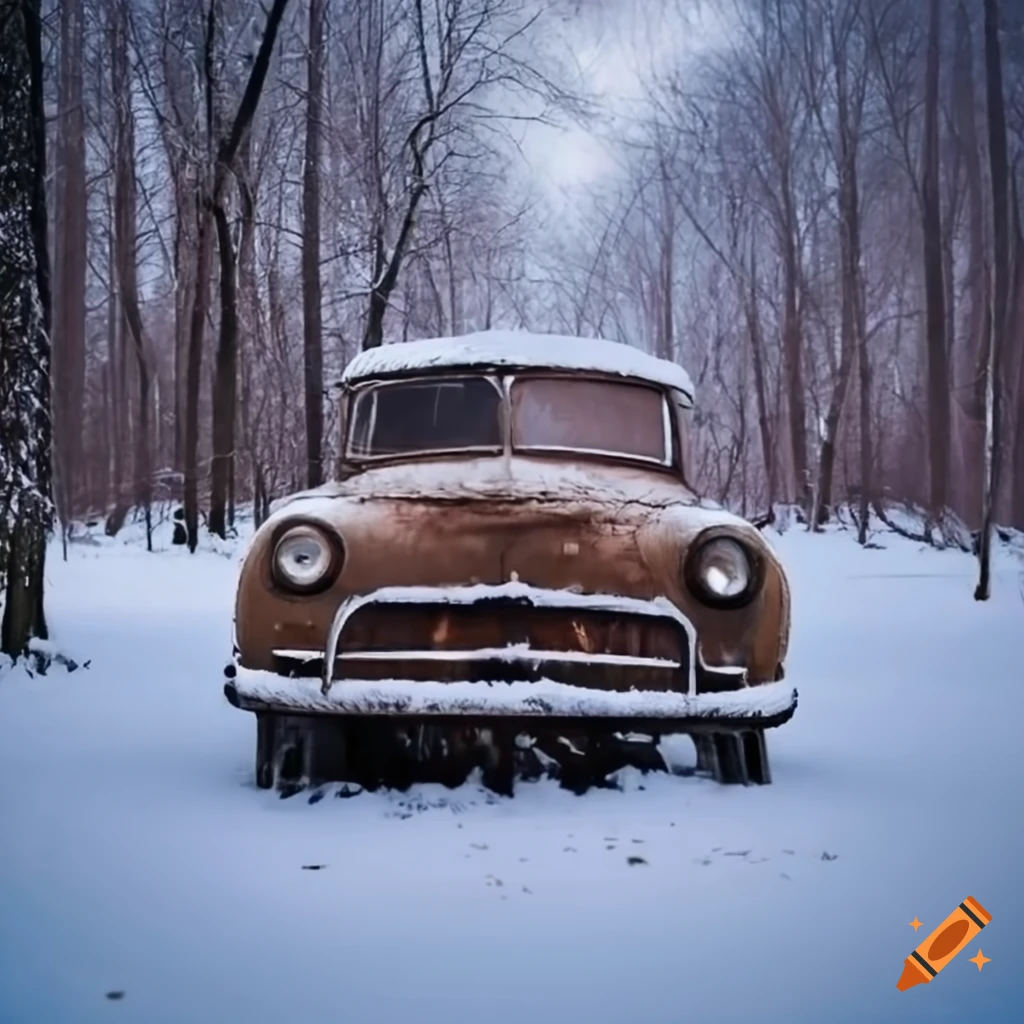 Winter forest scene with an old car on Craiyon