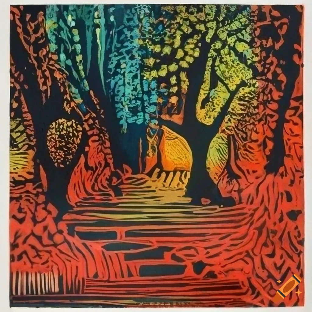Lino print of a colorful rainforest composition on Craiyon