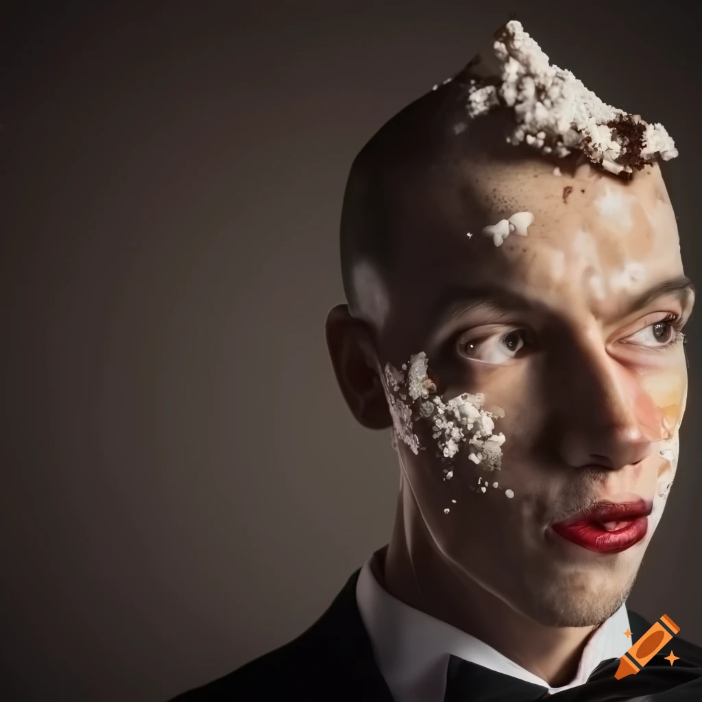Man in formal attire with cake crumbs on his face on Craiyon