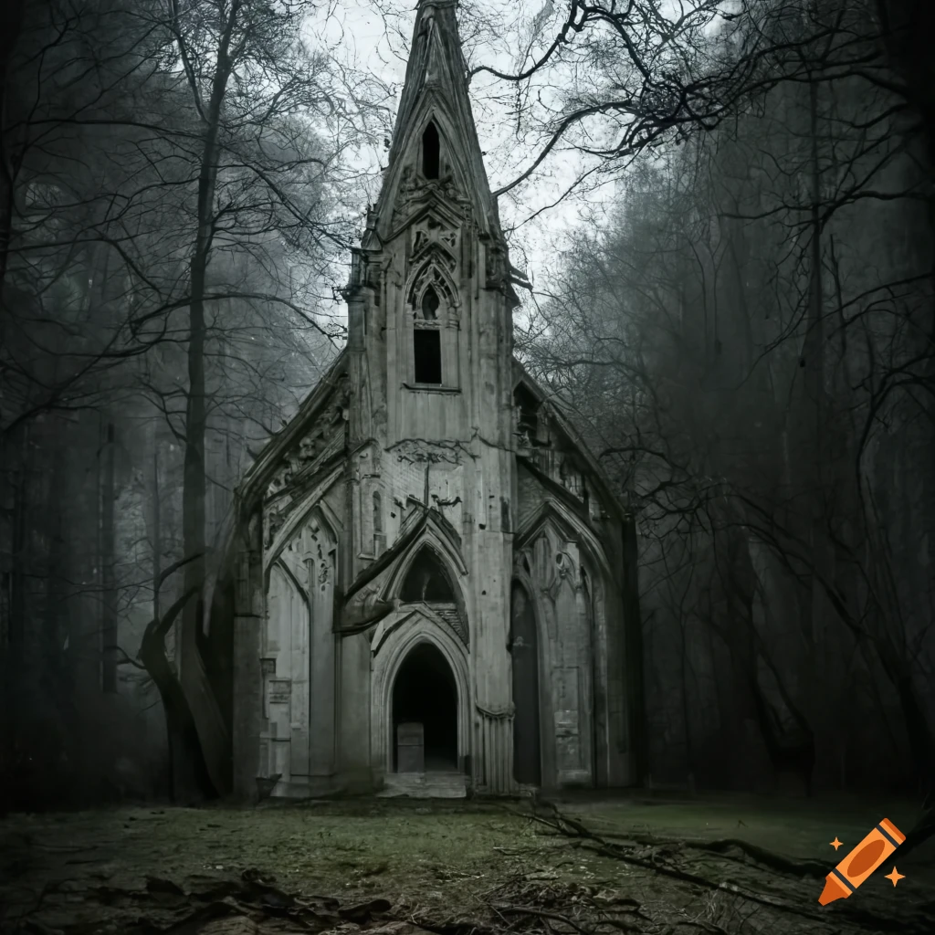 Image of an abandoned gothic church in a dark forest on Craiyon