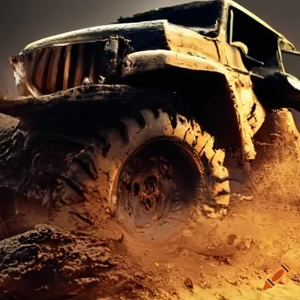 Action shot of mud tires in use on Craiyon