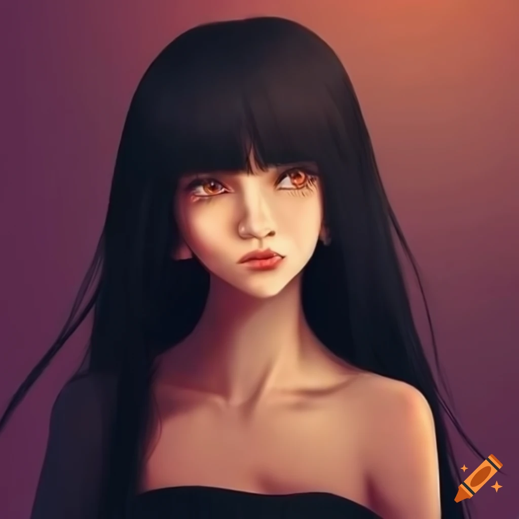 Portrait of a pretty teenage girl with long black hair and vibrant ...