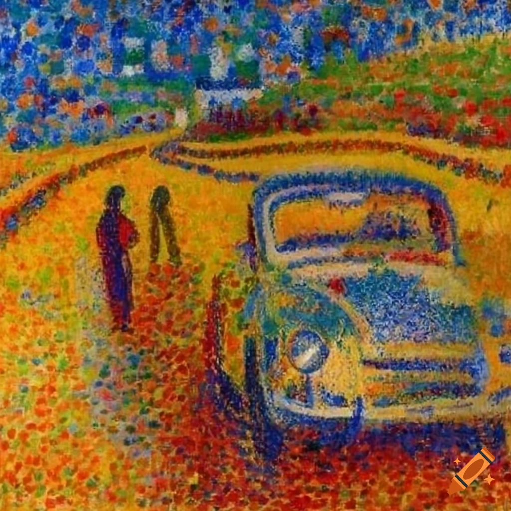 Pointillism painting of two rally cars racing on a dirt road on Craiyon