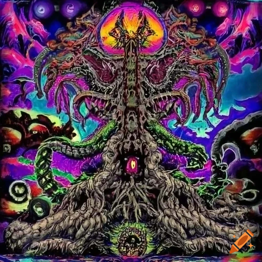 Bright and colorful lovecraftian space creature art on Craiyon