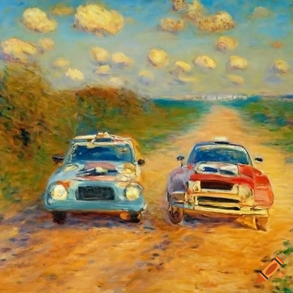 Impressionist painting of rally cars racing on dirt road on Craiyon
