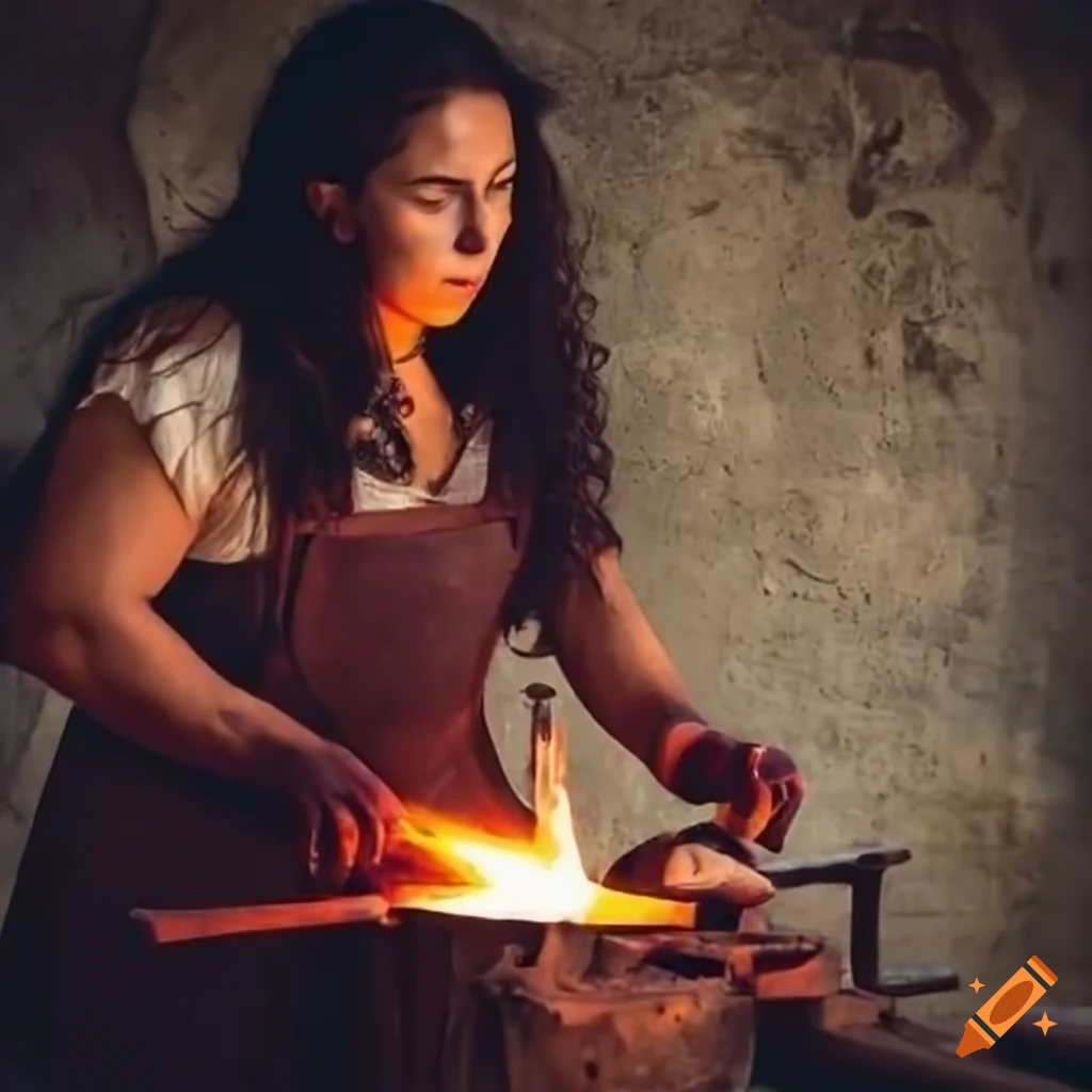 Female blacksmith creating metalwork in a medieval setting on Craiyon