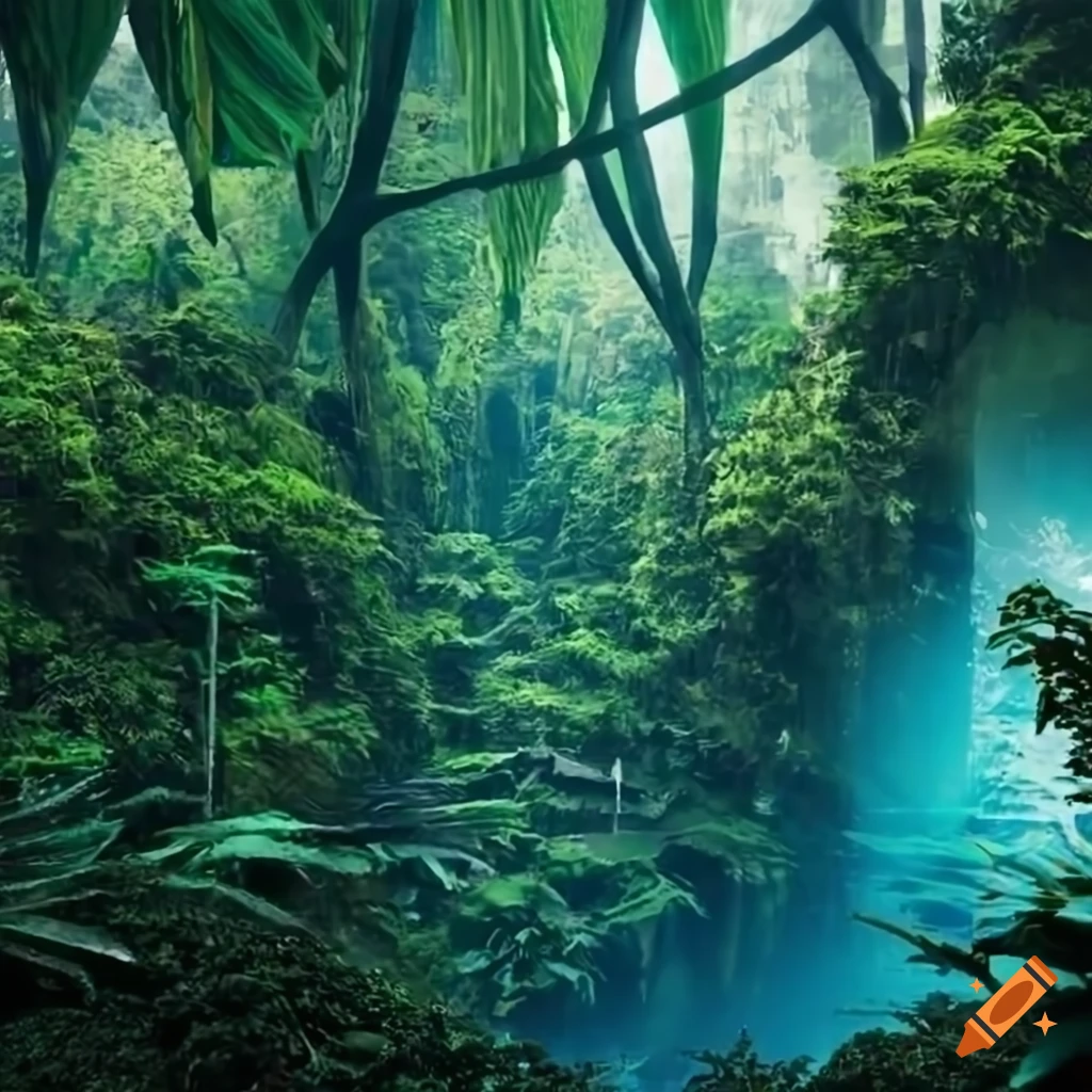 Overgrown jungle surrounding ancient ruins on Craiyon