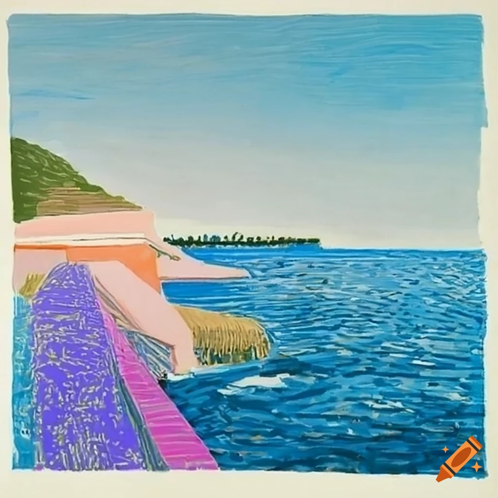 David hockney-inspired painting of a seaside square on Craiyon