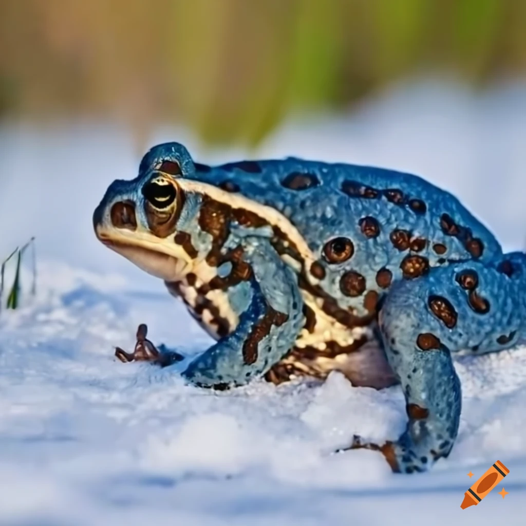 Blue toad-like creature in snowy field