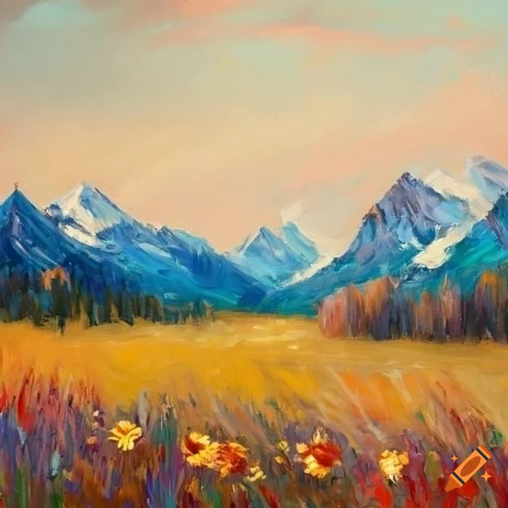 Vintage oil painting of colorado mountain flower field