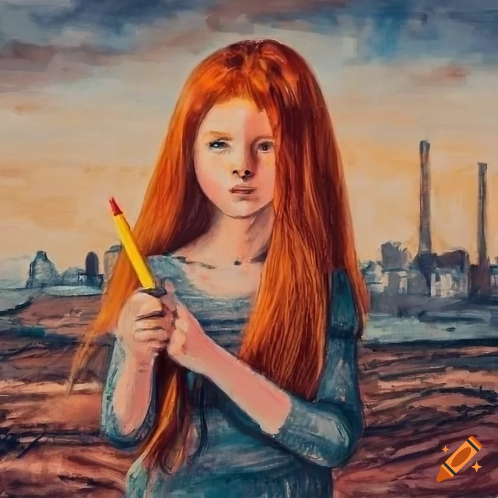 Crayon drawing of a girl with red hair against industrial landscape on ...