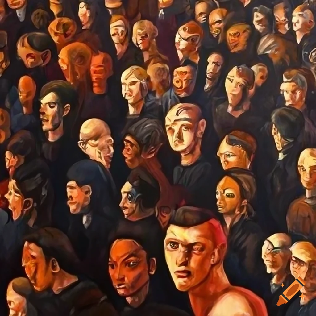 Detailed painting of a crowd with emotionless faces on Craiyon