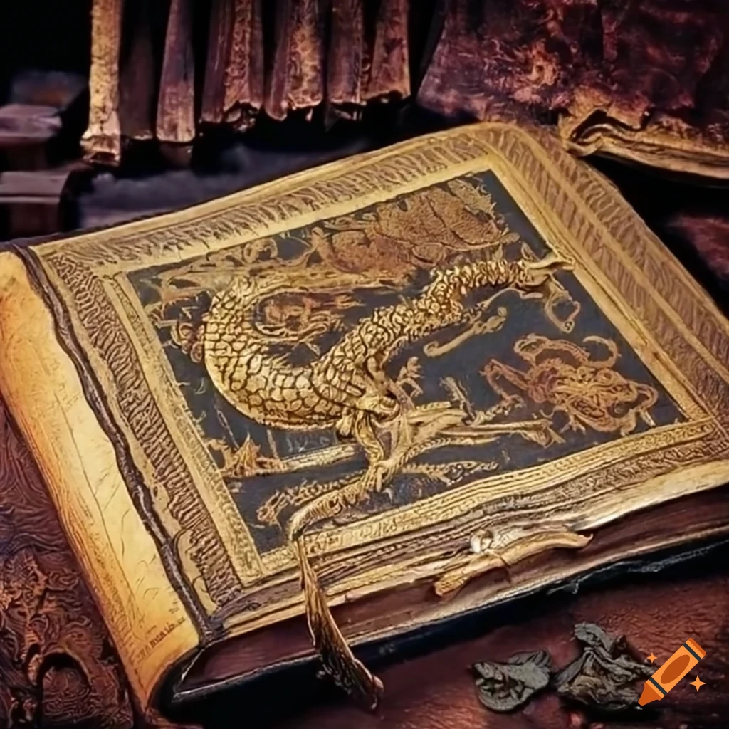 Leather-bound book with gold cover about dragons on Craiyon
