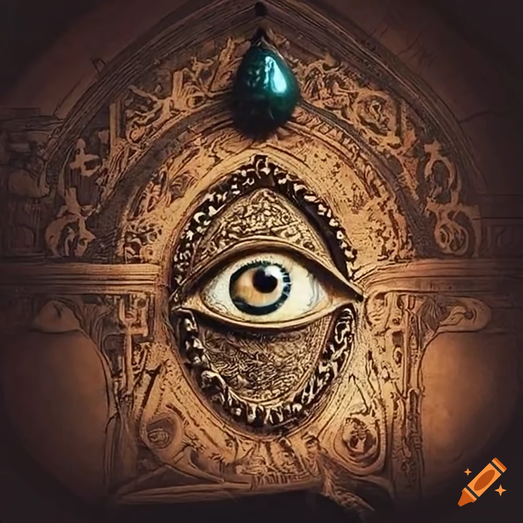 Engraved all-seeing eye of God over an ancient book on Craiyon