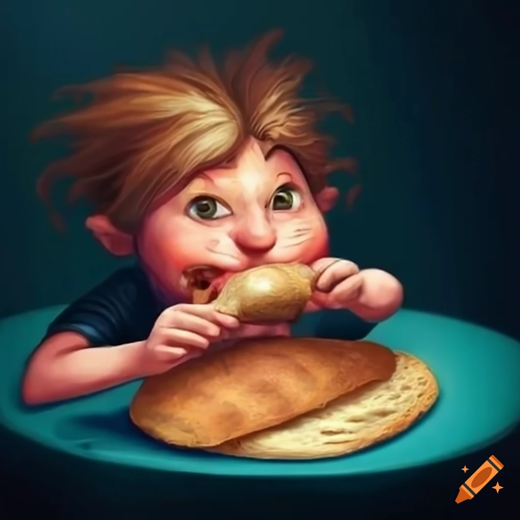 Fantasy illustration of a dwarf eating bread