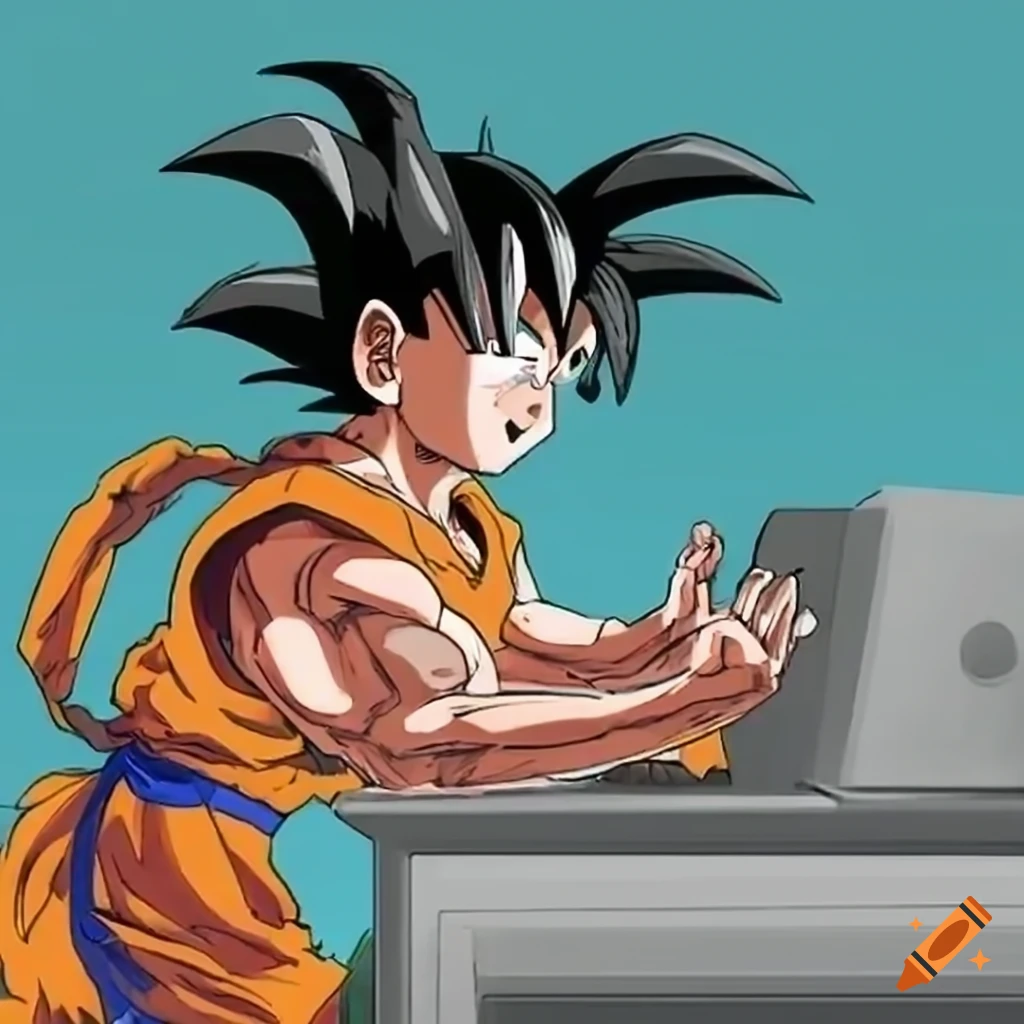 Illustration of son goku using a computer on Craiyon