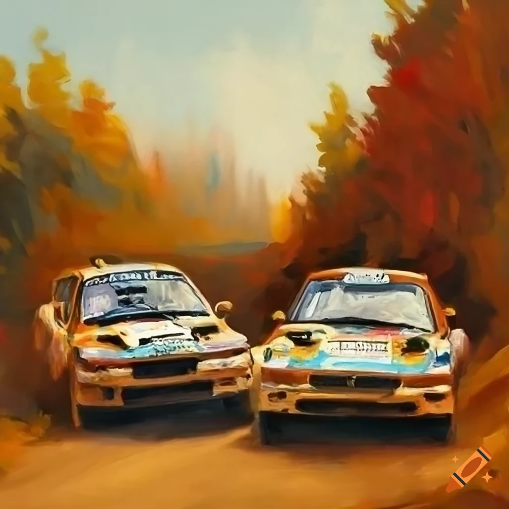 Two rally cars racing on a dirt road in a frank frazetta painting on ...