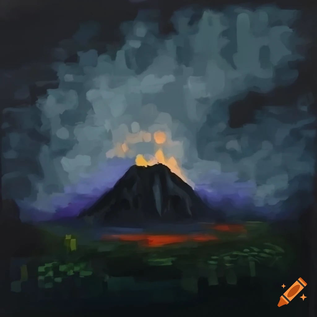 Acrylic painting of a minecraft prairie with an erupting volcano on Craiyon