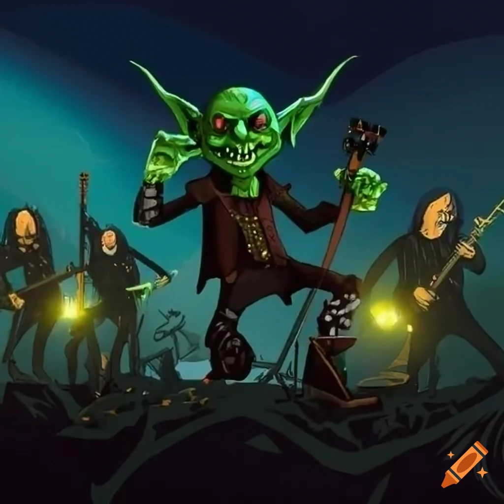 Illustration of a goblin performing with a metal band on Craiyon