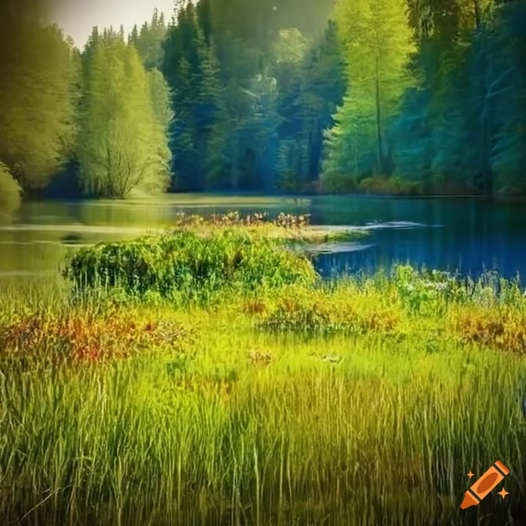 Meadow, stream, and forest landscape from above on Craiyon