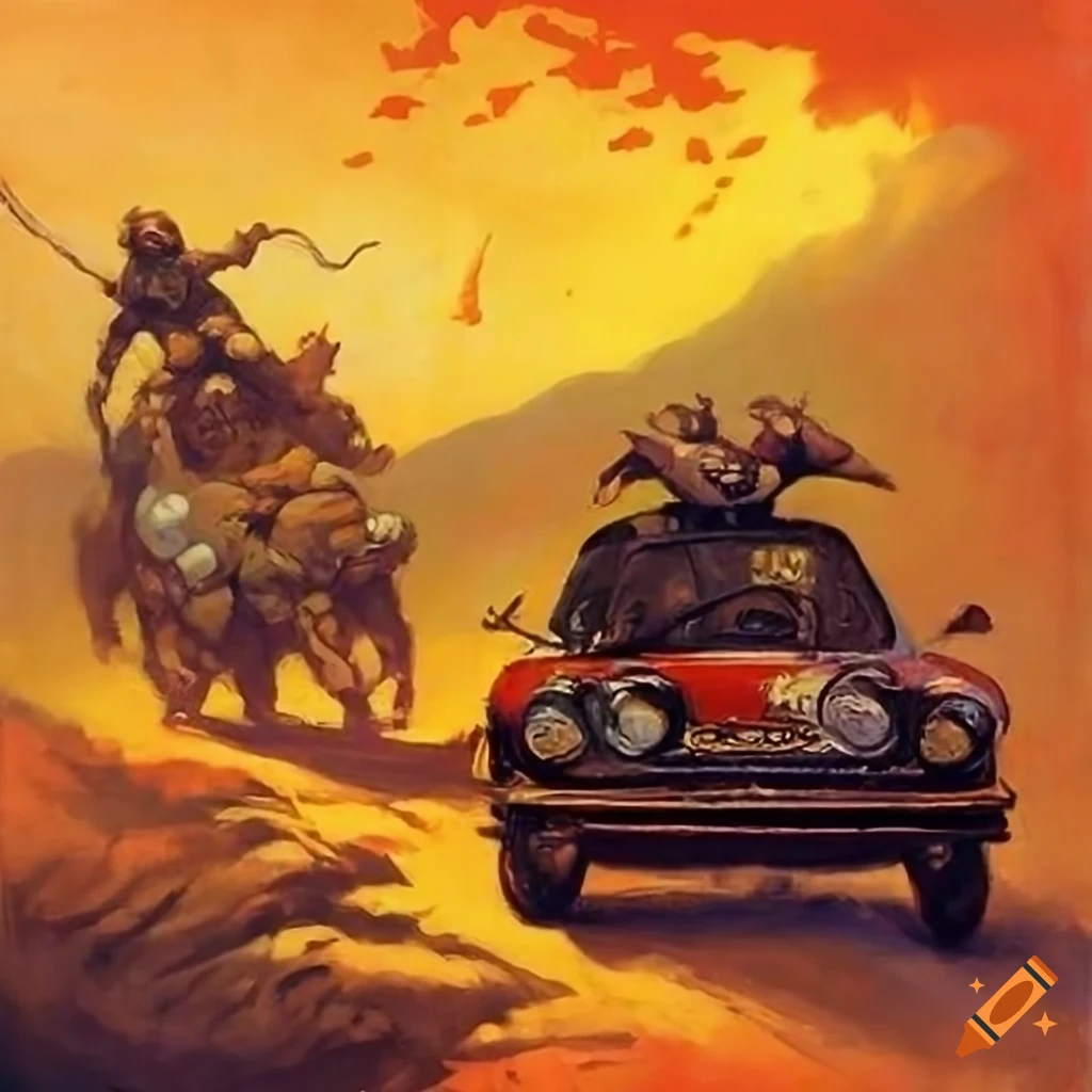 Fantasy art of two rally cars racing on dirt road on Craiyon